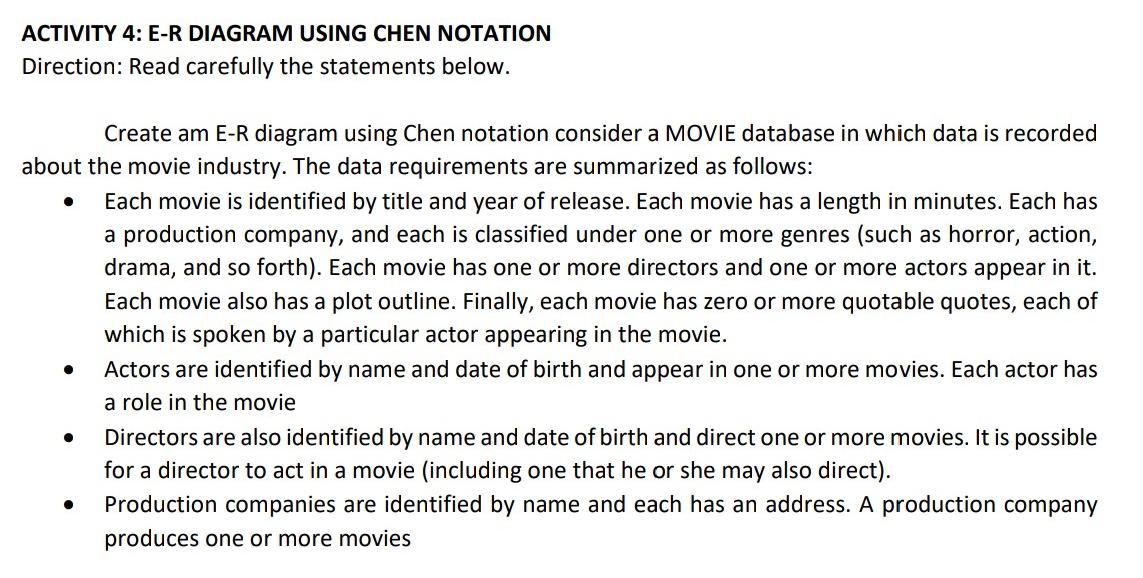 Solved ACTIVITY 4: E-R DIAGRAM USING CHEN NOTATION | Chegg.com
