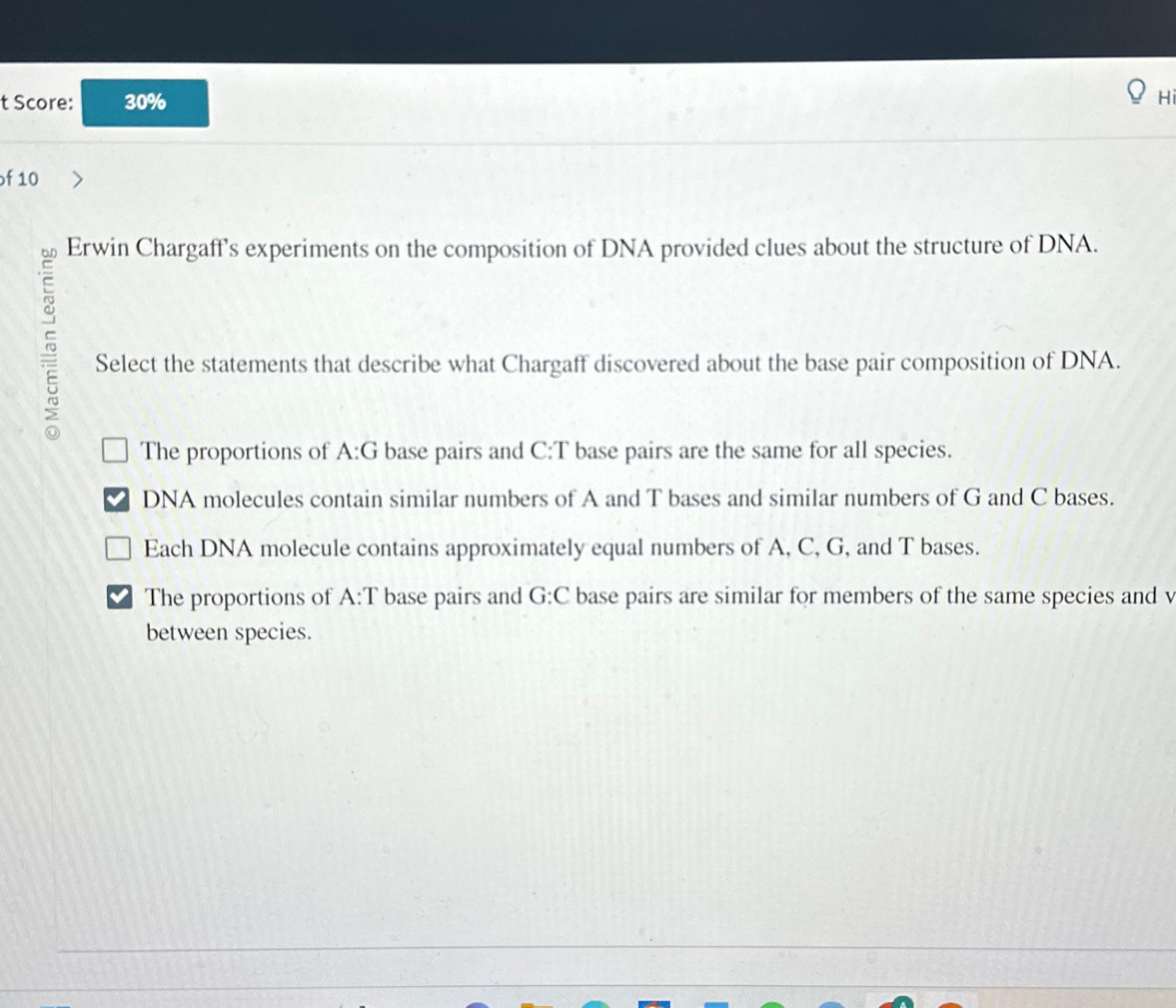 Solved t Score:of 10Erwin Chargaff's experiments on the | Chegg.com