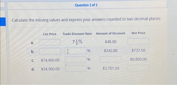 Solved Calculate the missing values and express your answers | Chegg.com