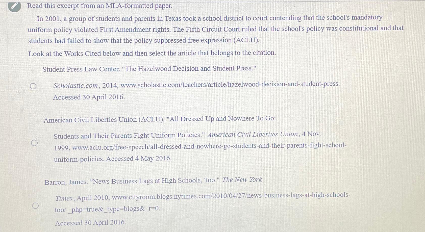 Solved Read this excerpt from an MLA-formatted paper.In | Chegg.com