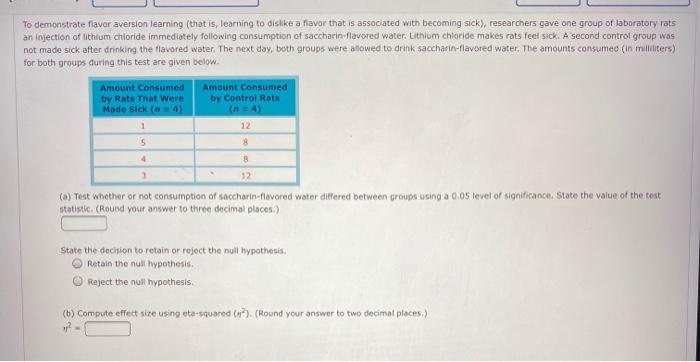 Solved To demonstrate flavor aversion learning (that is, | Chegg.com