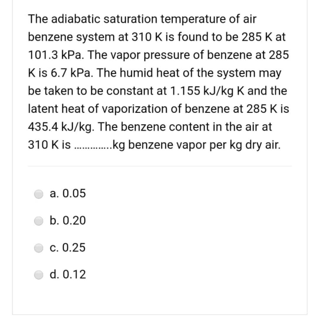Solved The adiabatic saturation temperature of air benzene | Chegg.com