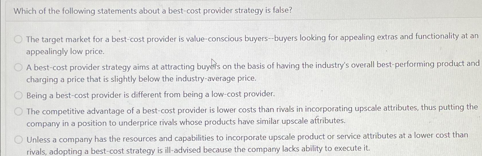 Solved Which of the following statements about a best-cost | Chegg.com