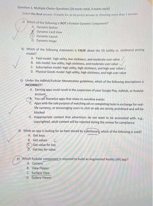 Solved Question 1. Multiple Choice Questions 20 marks total, | Chegg.com