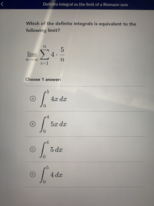 Solved Definite integral as the limit of a Riemann sum Which | Chegg.com
