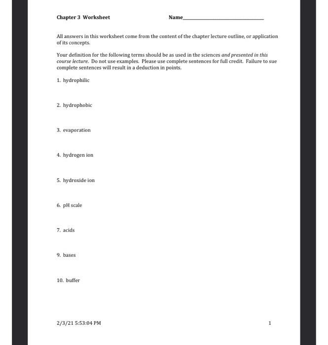 Solved Chapter 3 Worksheet Name All answers in this | Chegg.com