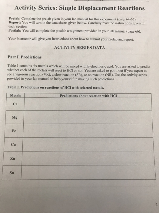 Solved Activity Series: Single Displacement Reactions | Chegg.com