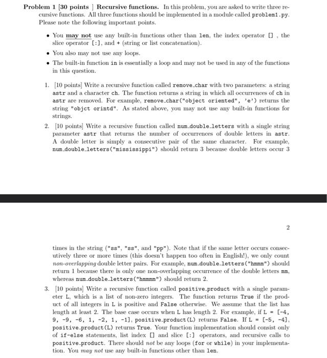 Solved Problem 1 [30 points ] Recursive functions. In this | Chegg.com