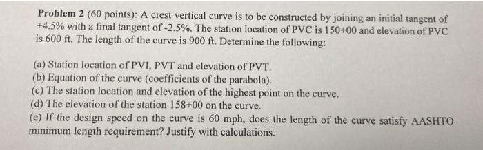 Solved Problem 2 ( 60 points): A crest vertical curve is to | Chegg.com