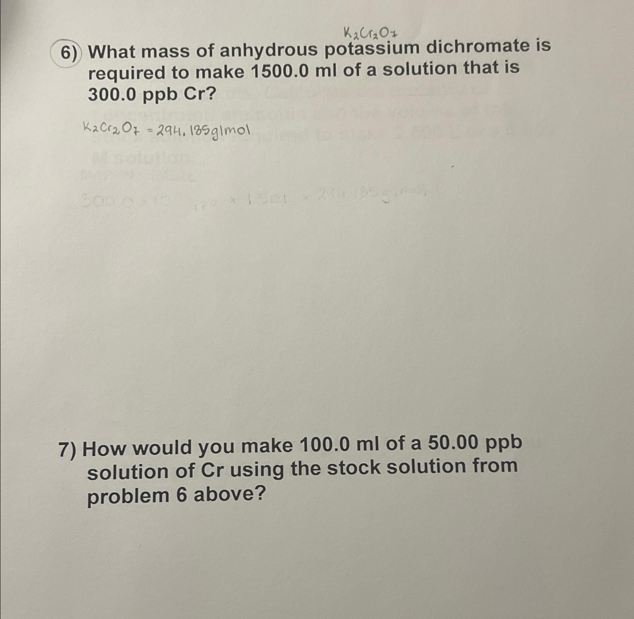 Solved K2Cr2O7What mass of anhydrous potassium dichromate is | Chegg.com