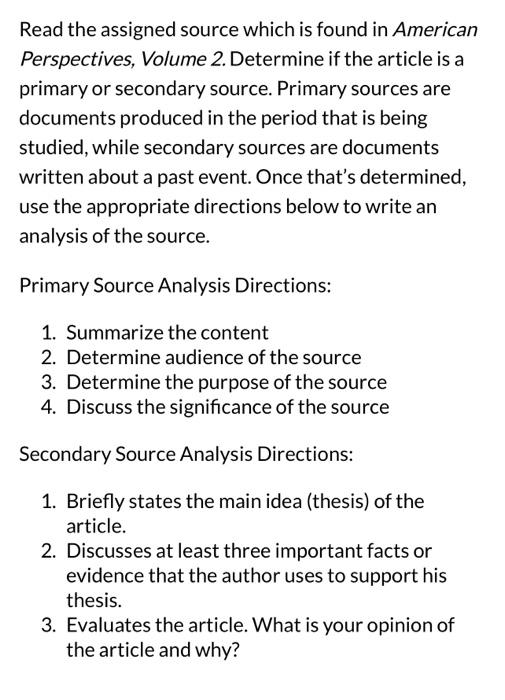 Read the assigned source which is found in American | Chegg.com