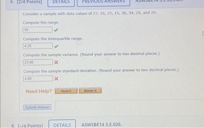 Solved 5. [2/4 Points] DETAILS Consider a sample with data | Chegg.com