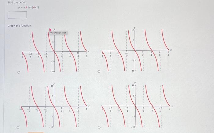 Solved Find the period. y=−4tan(4πx) Graph the function. | Chegg.com
