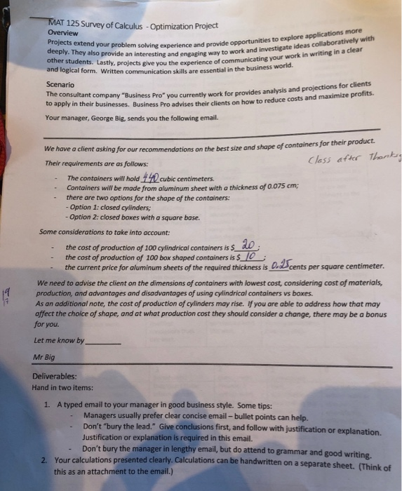 Mat 125 Survey Of Calculus Optimization Project