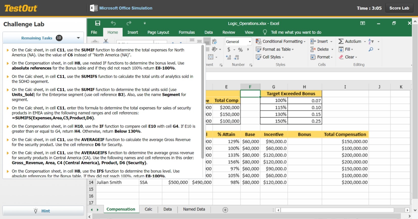 Solved On the Calc sheet, in cell C11, ﻿use the SUMIF | Chegg.com