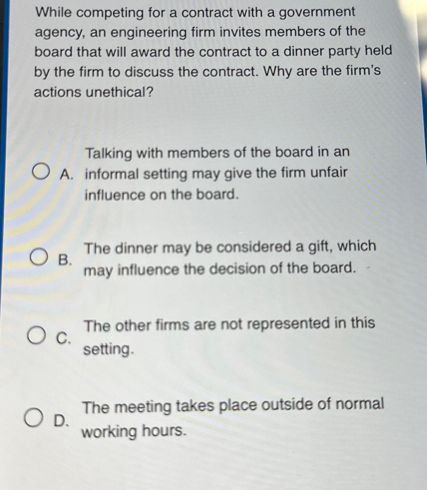 Solved While competing for a contract with a government | Chegg.com