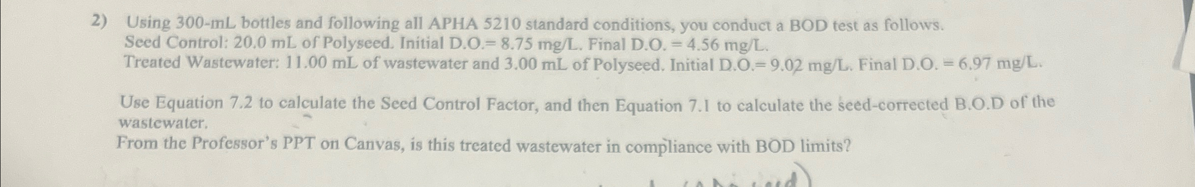 Solved Using 300-mL ﻿bottles and following all APHA 5210 | Chegg.com