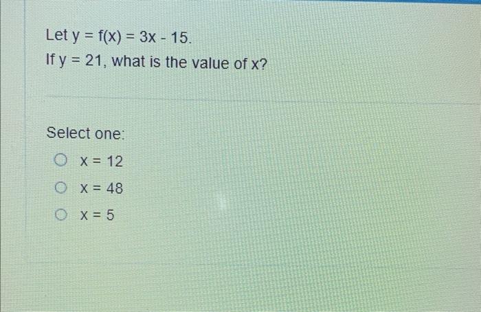 Solved Let y=f(x)=3x−15 If y=21, what is the value of x ? | Chegg.com