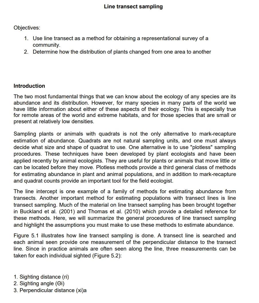 Solved Line transect sampling Objectives: 1. Use line | Chegg.com