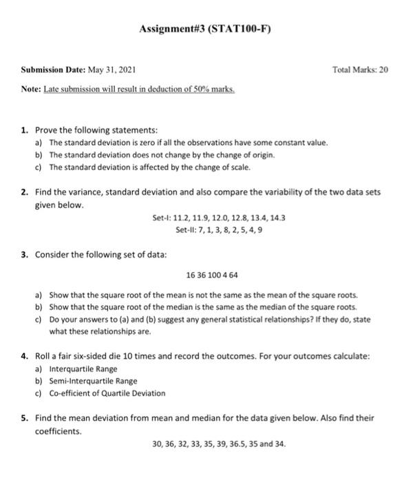 Assignment#3 (STAT100-F) Total Marks: 20 Submission | Chegg.com