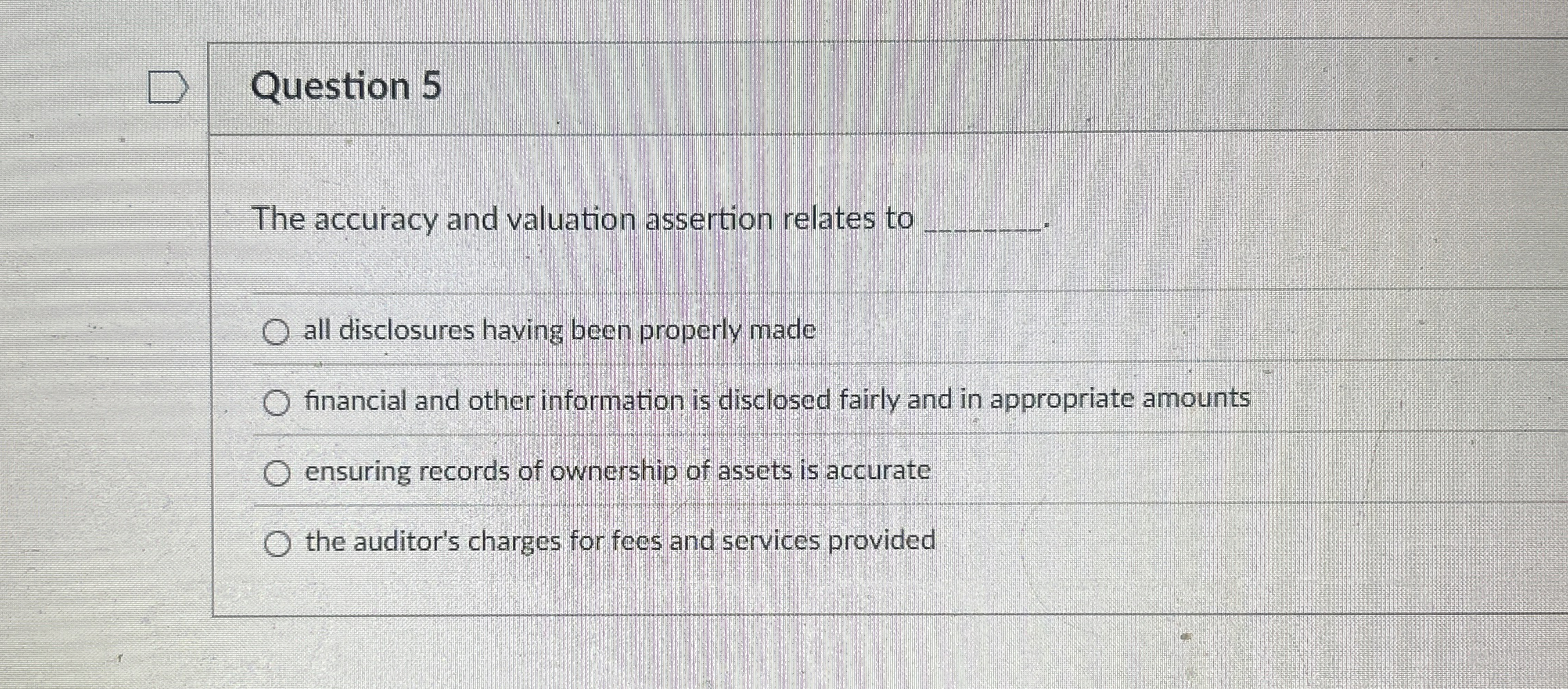 Solved Question 5The accuracy and valuation assertion | Chegg.com