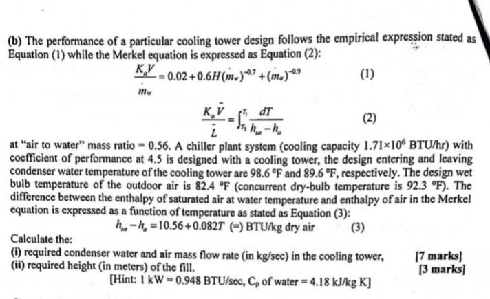 Solved (b) The performance of a particular cooling tower | Chegg.com