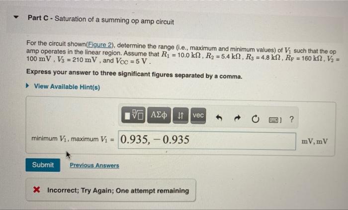 Solved Part C - Saturation of a summing op amp circuit For | Chegg.com