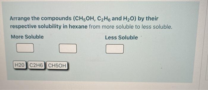 Solved Arrange the compounds (CH5OH, C2Hg and H20) by their | Chegg.com