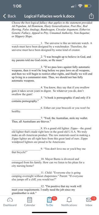 Choose she best logical fallacy that applies to the | Chegg.com