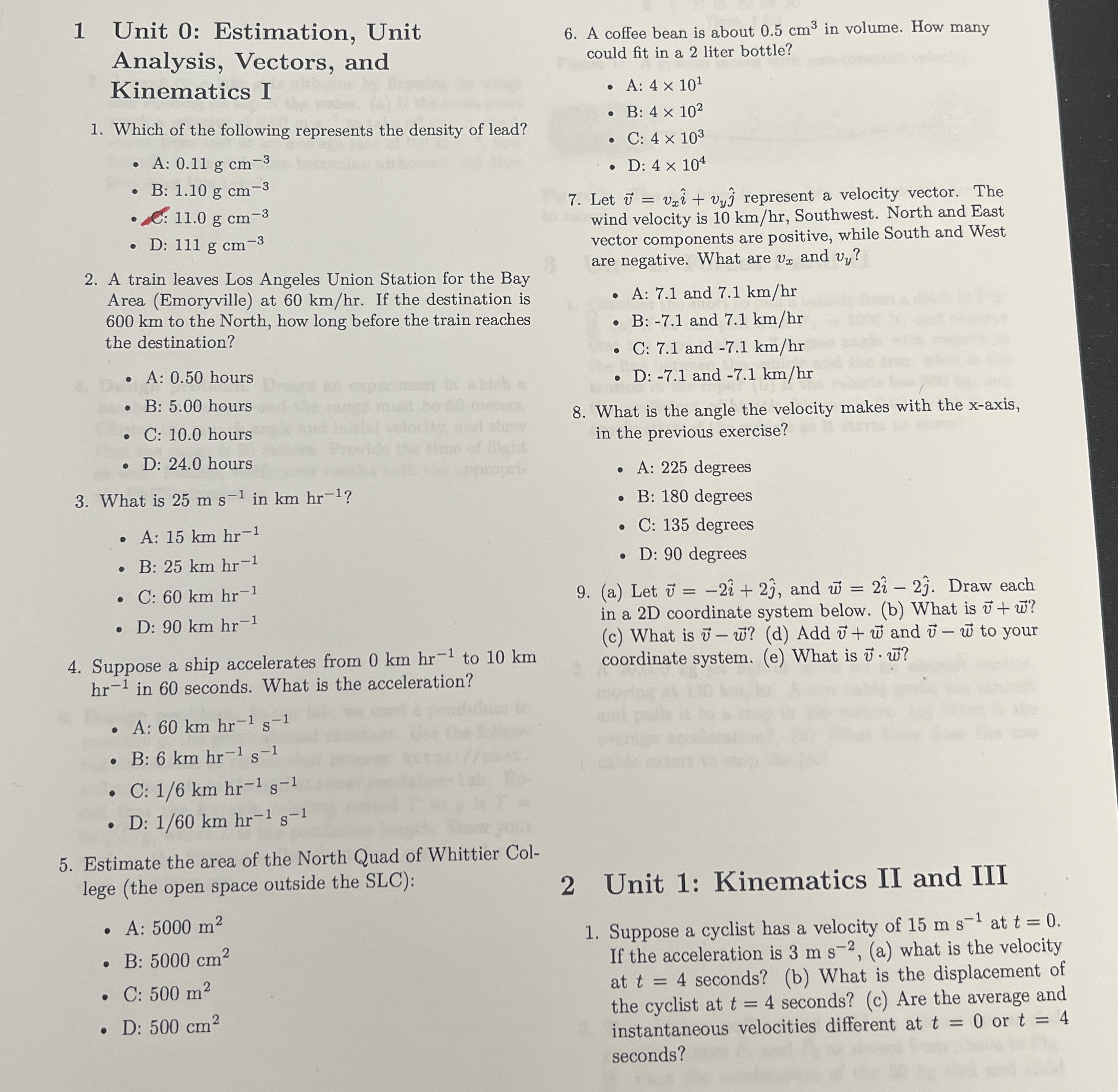 Solved 1 ﻿Unit 0: Estimation, UnitAnalysis, Vectors, | Chegg.com