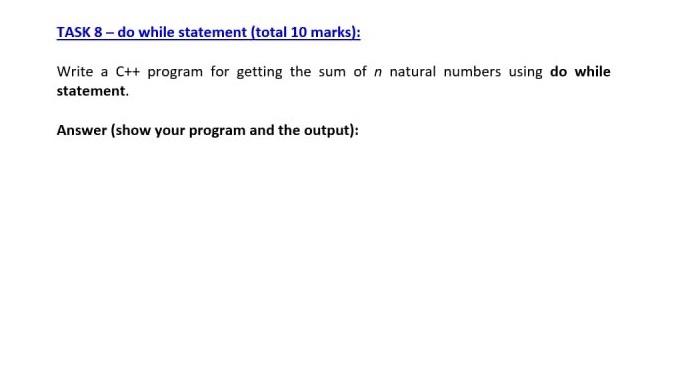 Solved Write a Ct+ program for getting the sum of n natural | Chegg.com