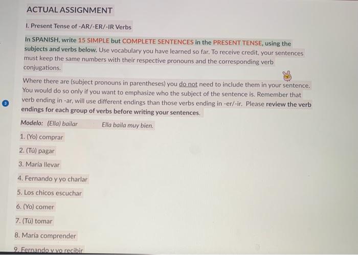 I. Present Tense of -AR/-ER/-IR Verbs In SPANISH, | Chegg.com