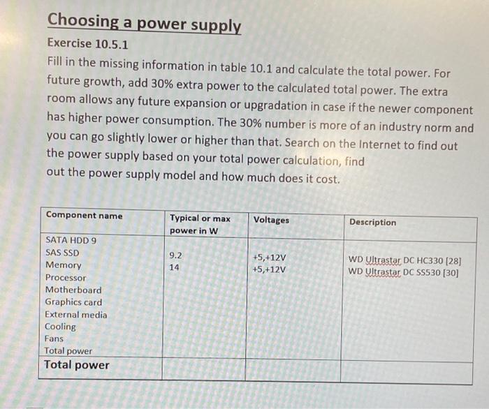 Solved Choosing a power supply Exercise 10.5.1 Fill in the | Chegg.com