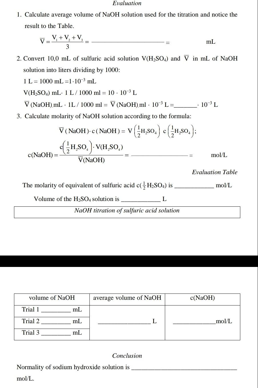 Solved Evaluation 1. Calculate average volume of NaOH | Chegg.com