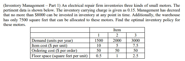 Solved (Inventory Management - ﻿Part 1) ﻿An electrical | Chegg.com