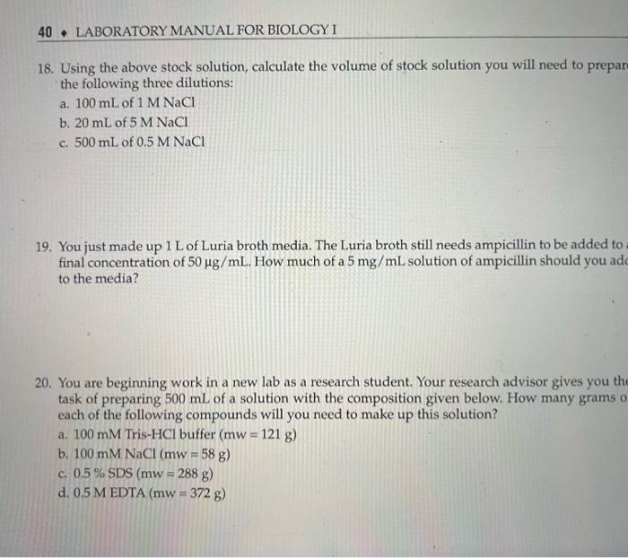 18. Using the above stock solution, calculate the | Chegg.com