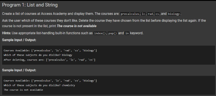 Solved Program 1: List and String Create a list of courses | Chegg.com