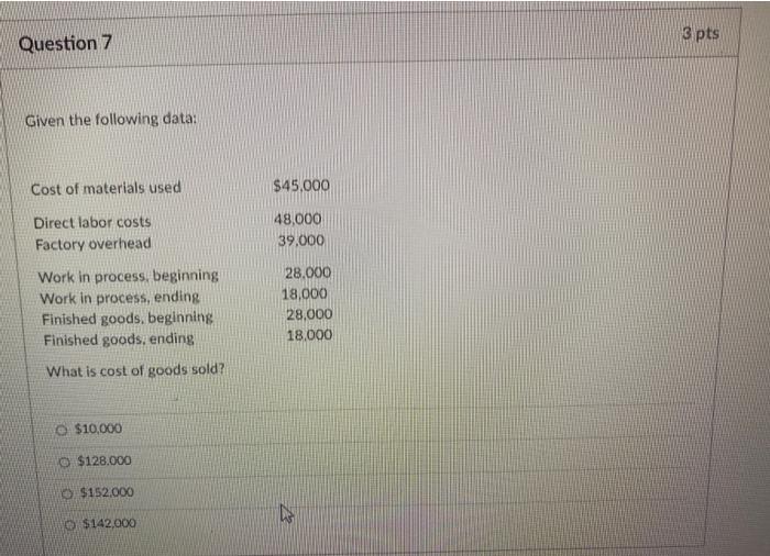 Solved 3 pts Question 7 Given the following data: Cost of | Chegg.com