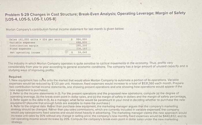 Solved Problem 5-29 Changes in Cost Structure; Break-Even | Chegg.com