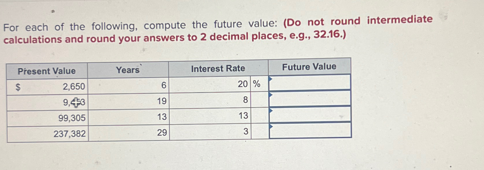 Solved For each of the following, compute the future value: | Chegg.com