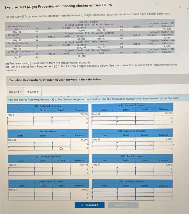 Solved Exercise 3-19 (Algo) Preparing and posting closing | Chegg.com