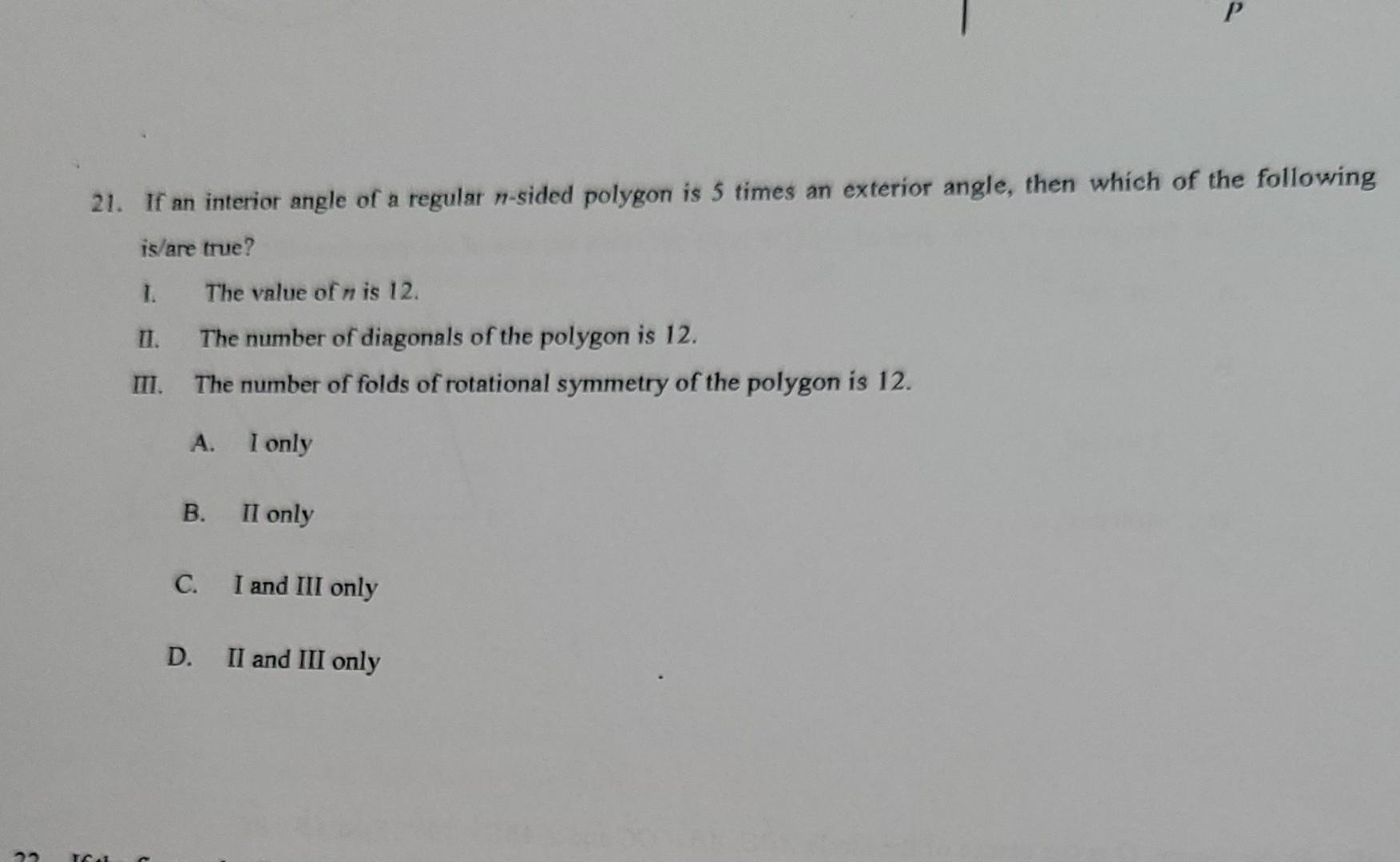 Solved 21. If an interior angle of a regular n-sided polygon | Chegg.com