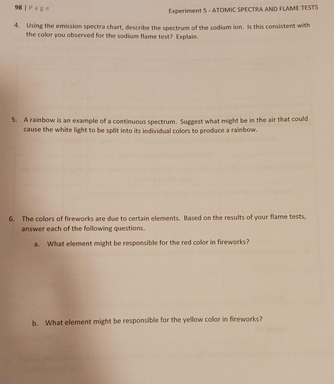 Solved 98 Page Experiment 5- ATOMIC SPECTRA AND FLAME TESTS | Chegg.com