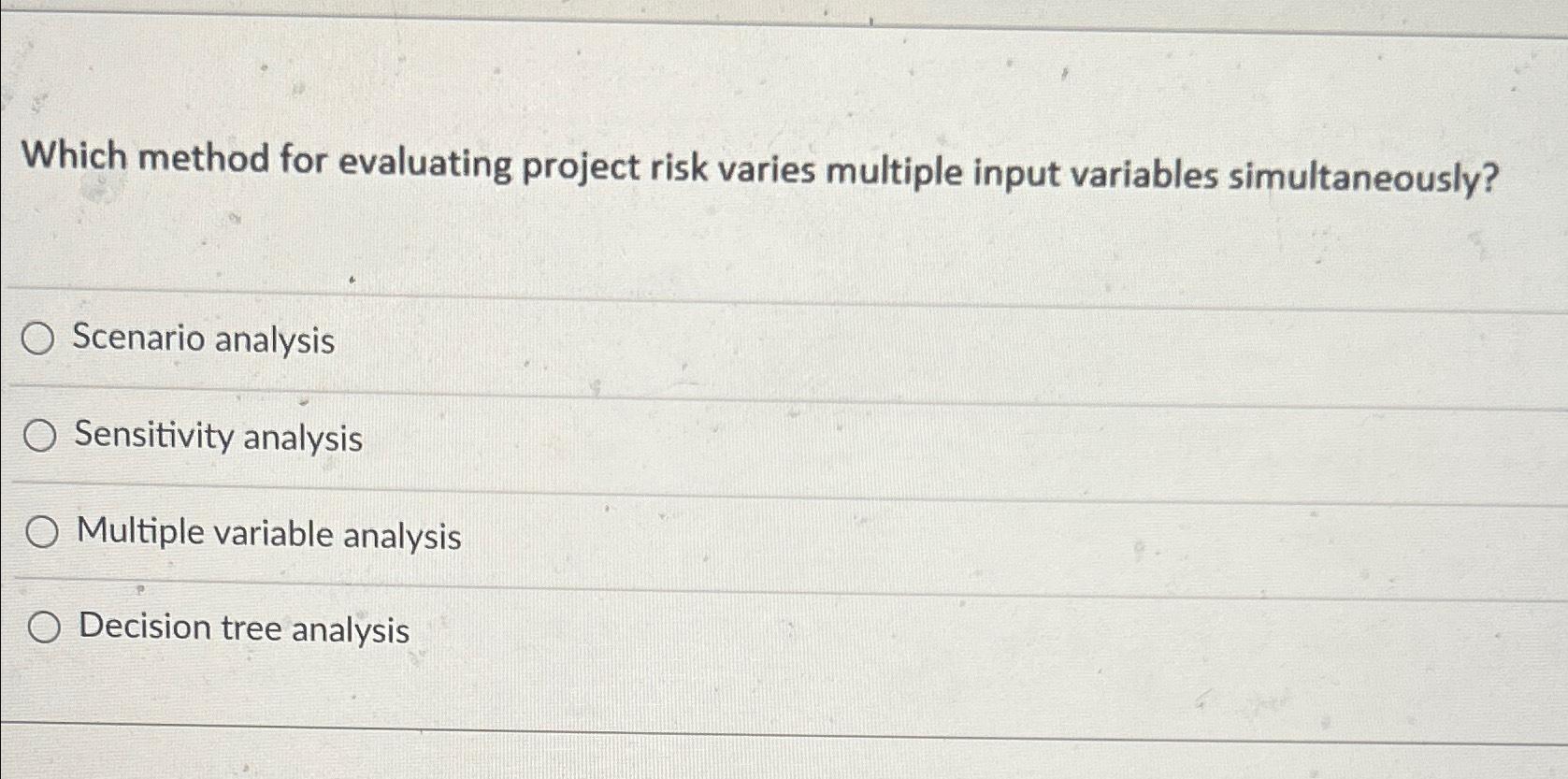 Solved Which method for evaluating project risk varies | Chegg.com