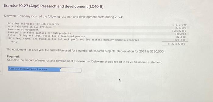 Solved Exercise 10-27 (Algo) Research and development | Chegg.com
