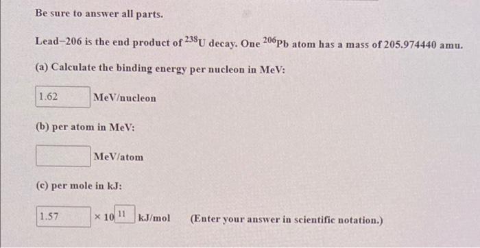 Solved Be sure to answer all parts. Lead-206 is the end | Chegg.com