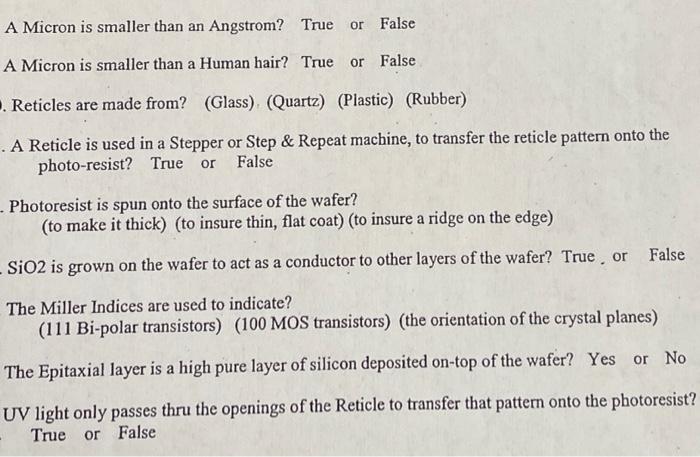 Solved A Micron is smaller than an Angstrom? True or False A | Chegg.com