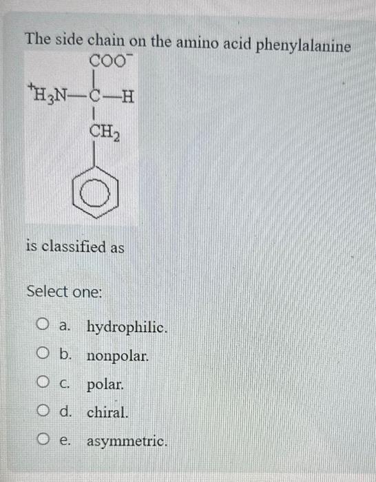 Solved The side chain on the amino acid phenylalanine is | Chegg.com