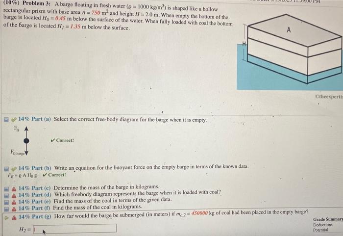 Solved (10\%) Problem 3: A barge floating in fresh water | Chegg.com