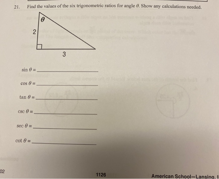 Solved 21. Find the values of the six trigonometric ratios | Chegg.com